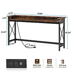 Tribesigns Sofa Table with Outlets and USB Ports, 70.9 inch Extra Long Console Table Behind Couch with Charging Station, Industrial Narrow Entryway Hallway Accent Table for Living Room