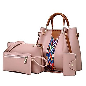 Rullar Women Handbag Set 4 in 1 Top Handle Bag Soft PU Leather Tote Satchel Stitching Shoulder Clutch Bag Purse Wallet Pink