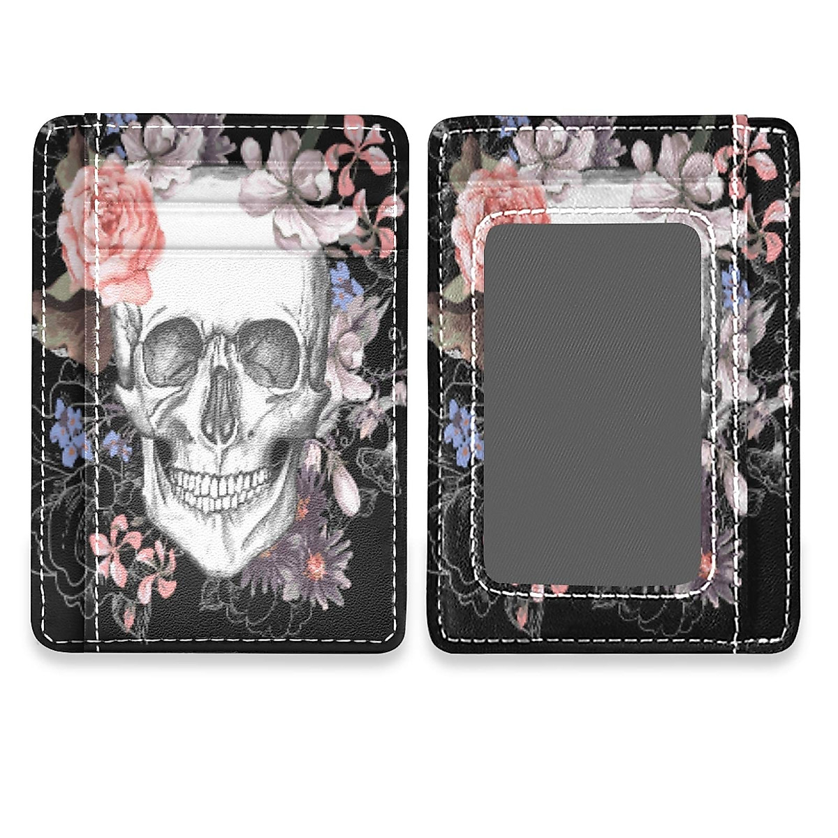 Linomo Thin leather Card Holder and Money Clip Floral Sugar Skull Face Print Wallet RFID Blocking for Men & Women