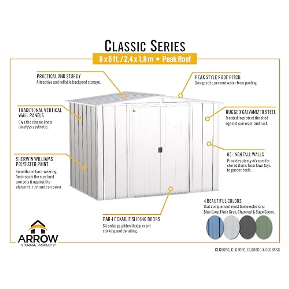Arrow Classic Steel Storage Shed, 8x6, Sage Green