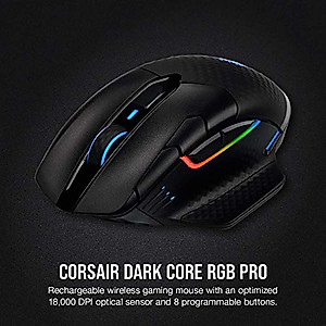 Corsair Dark Core RGB Pro, Wireless FPS/MOBA Gaming Mouse with SLIPSTREAM Technology, Black, Backlit RGB LED, 18000 DPI, Optical,CH-9315411-NA (Renewed)