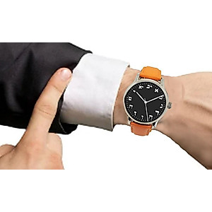 Hebrew Numbers Watch Has Large Size Polished Chrome Case with Black Dial and Orange Stitched Leather Strap