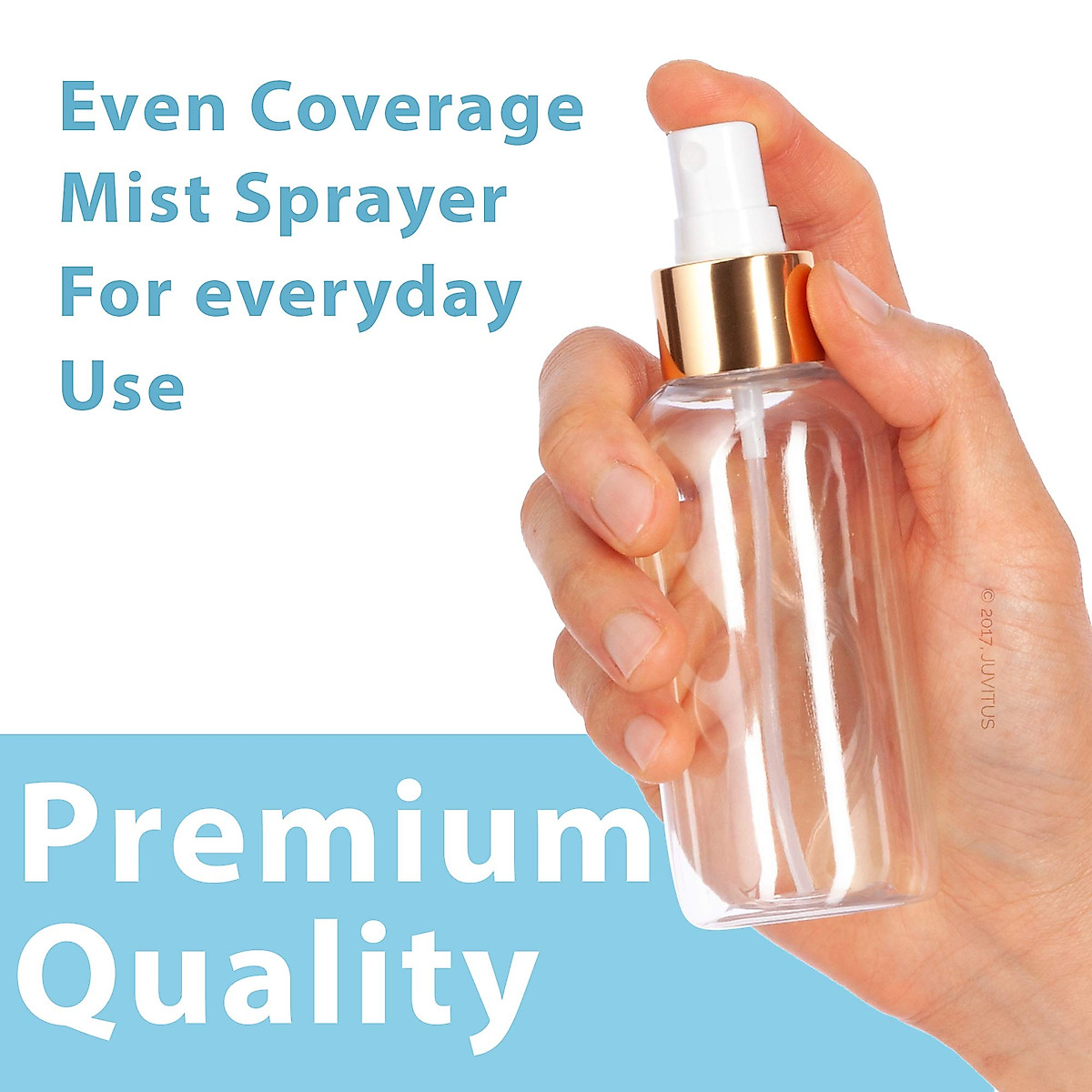 JUVITUS 4 oz / 120 ml Clear Plastic PET Boston Round Bottle (BPA Free) with Gold Fine Mist Spray (12 pack)