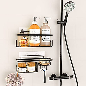 AKTETCN Shower Caddy Basket, Self Adhesive Shower Shelves, Wall Mounted Rustproof Bathroom Shower Organizer, No Drilling Stainless Steel Shower Rack for Bathroom, Toilet, Kitchen, 2 Pack, Black