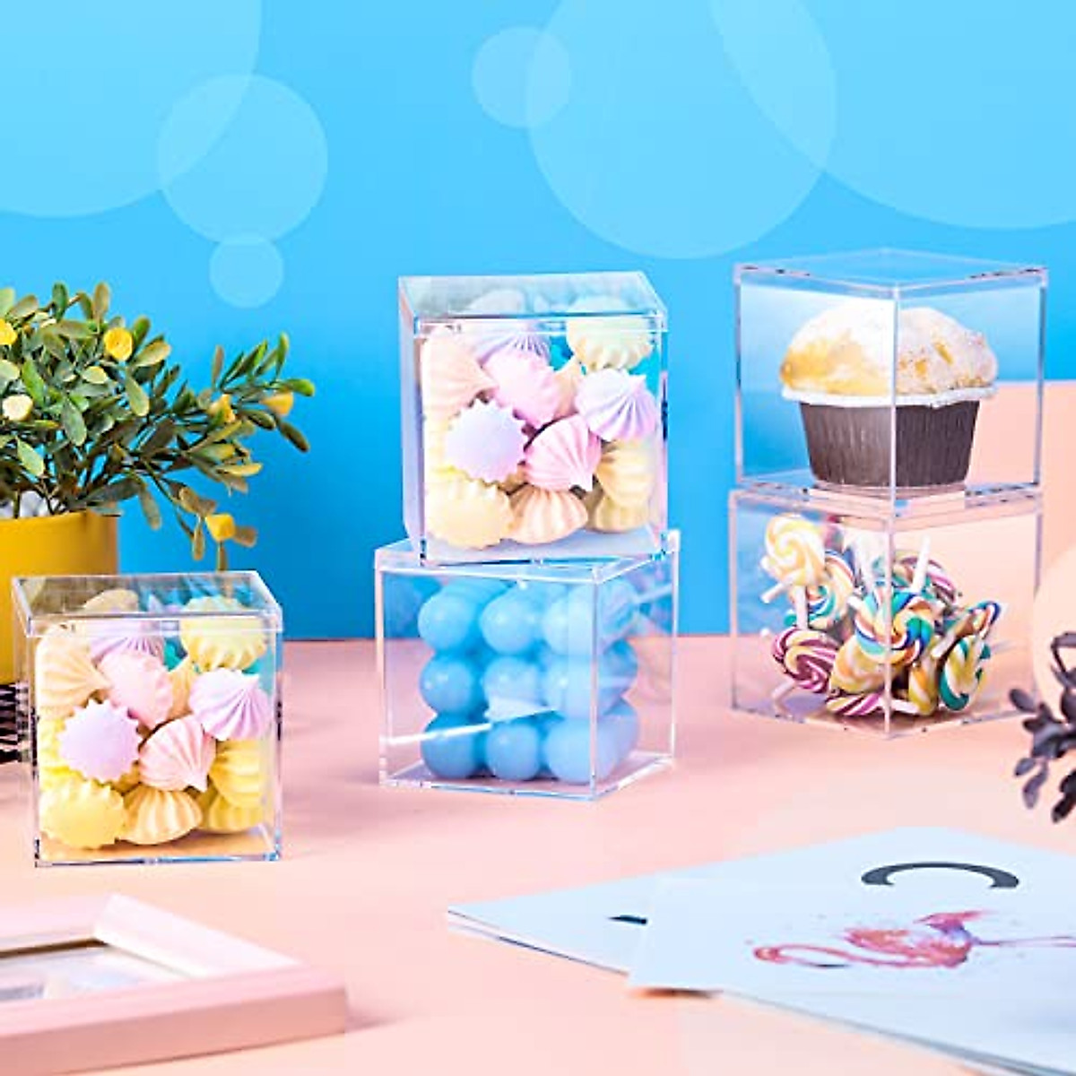 Yulejo Clear Acrylic Box with Lid Plastic Square Cube Display for Storage Stackable Container Pill Candy Jewelry Gift Card Party Favors 2.9 x Inch (24 Pieces)