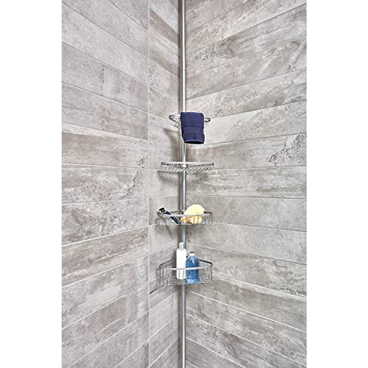 iDesign Steel 4-Shelf Extendable Tension Shower Caddy, The York Collection - 8" x 11" x 108", Silver