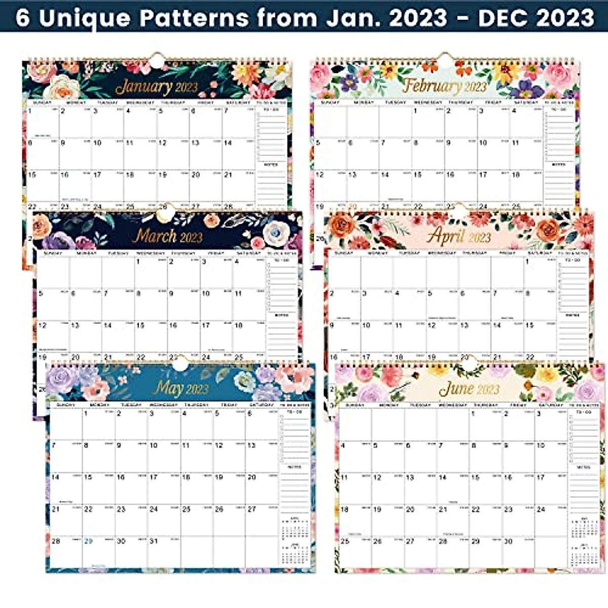 2023 Wall Calendar - Calendar 2023, 12 Monthly Wall Calendar 2023, January - December 2023, 14.8" x 11.57", Twin-Wire Binding + Hanging Hook + Thick Paper + Julian Dates - Floral