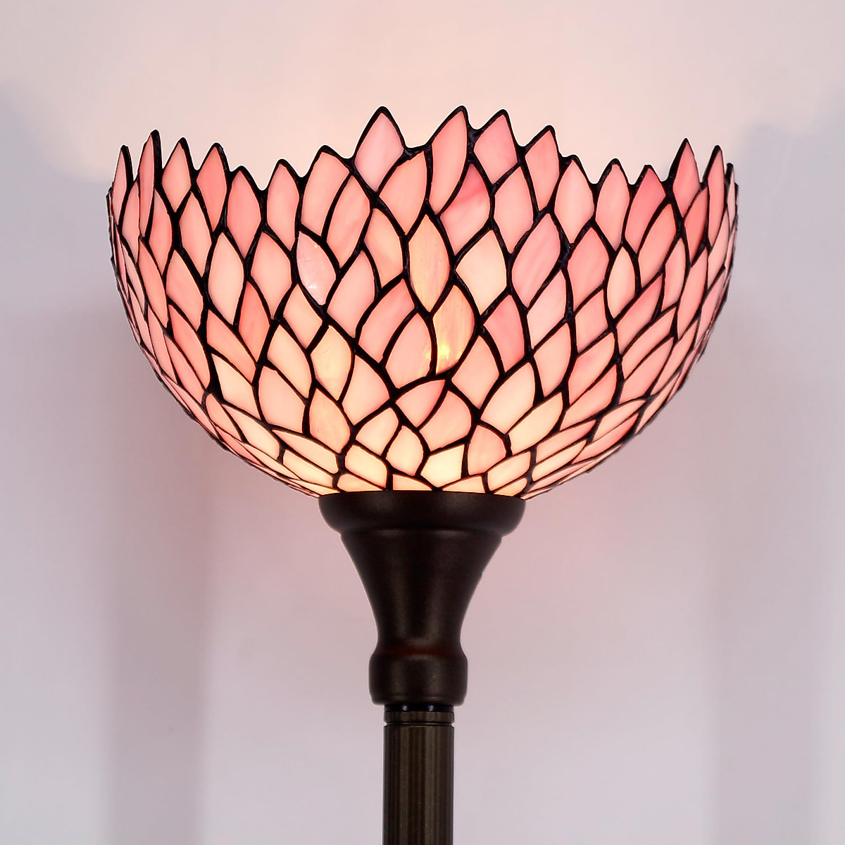 WERFACTORY Tiffany Floor Lamp Pink Stained Glass Wisteria Light 12X12X66 Inches Pole Torchiere Standing Corner Torch Uplight Decor Bedroom Living Room Home Office S523P Series