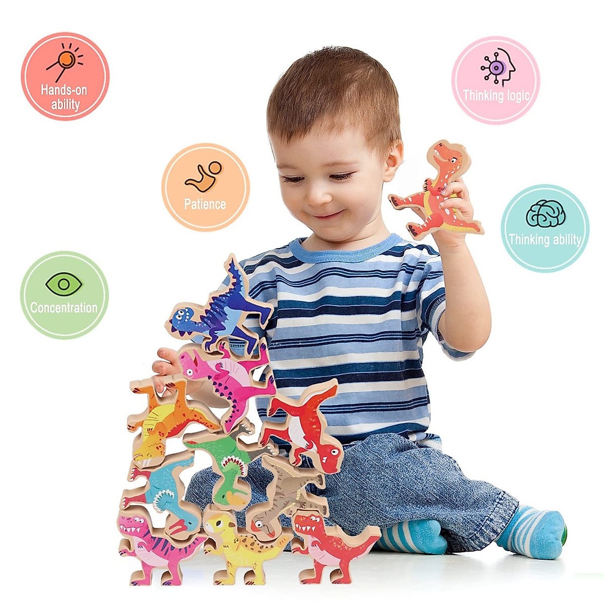 AULEGE Wooden Stacking Dinosaur Toys, Dinosaur Balance Toys for Kids 4 5 6 7 Years Old, Large Dinosaur Building Blocks Set, Preschool Toys for 4+ Years Old, Birthday Gift for Boys and Girls