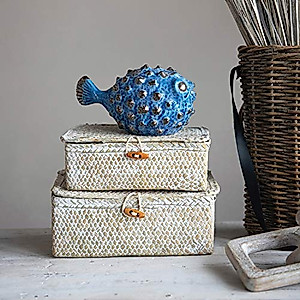Creative Co-Op Hand-Woven Seagrass Lids & Toggle Closure, Whitewashed, Set of 2 Storage Box, 2 Count