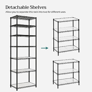 SONGMICS 7-Tier Metal Storage Shelves, Wire Shelving Unit, Adjustable Shelves, Garage Shelving, Kitchen, Living Room Storage Rack, Shelf Liners, 8 Hooks, Total Max. Load 616 lb, Black ULGR067B01