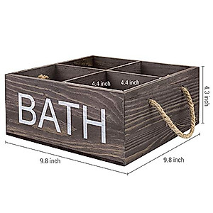 MyGift Bathroom Organizer 4 Cup Bin, 4-Compartment Rustic Dark Brown Wood Bath Caddy Storage Crate with Rope Handles