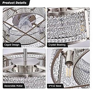 Flush Mount Caged Ceiling Fan with Lights Remote Control, Low Profile Ceiling Fan with Light Small Modern Bladeless Ceiling Fan with Reversible 6 Speeds Motor for Bedroom Dining Room (Brushed Nickel)