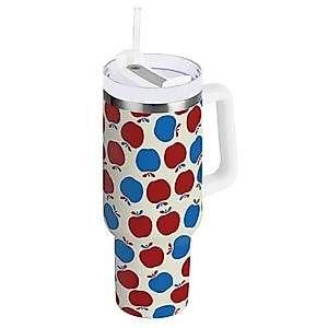 Wfrish Tumbler with Handle and Straw Lid,Red Blue Apple Print 40 oz Insulated Coffee Cup Stainless Steel Fruit Water Bottle Travel Mug Cupholder Friendly,Gifts for Women Men