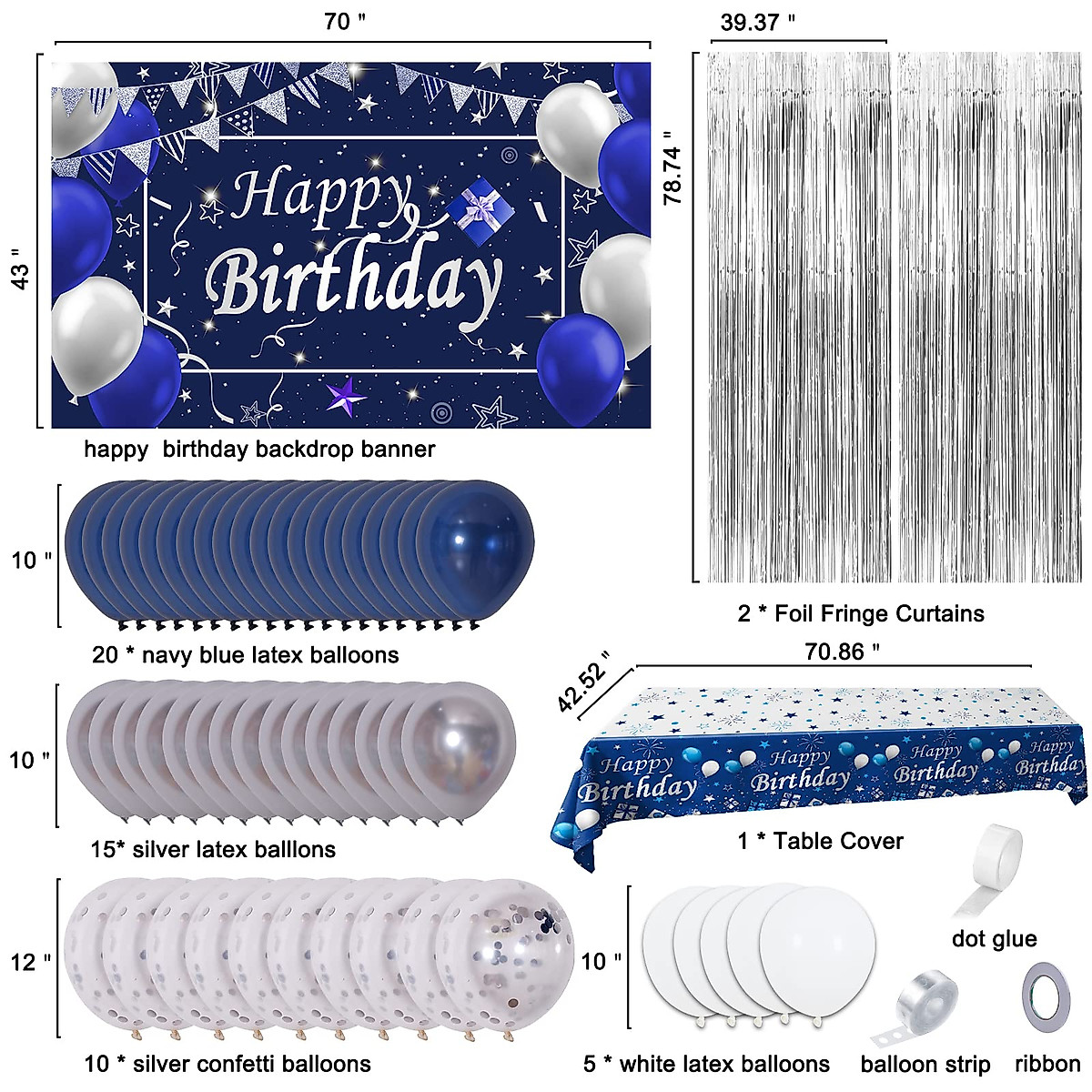 Blue Birthday Decorations for Men, Happy Birthday Decorations for Men Women Boy Party Decoration Backdrop & Tablecloth Balloons Arch Kit Blue Silver Confetti Balloons Foil Fringe Curtains Table Cover