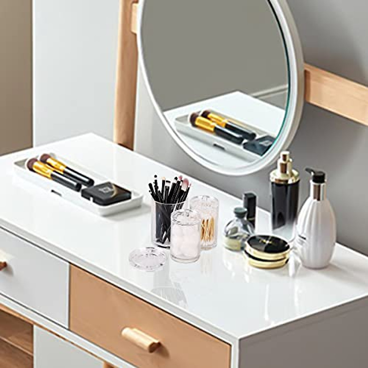 Ymeibe Clear Acrylic Cotton Swab Holder with Lid Q-tip Organize Case for Make Up Brush Round Bathroom Counter Organizer (3 Connected Towers)