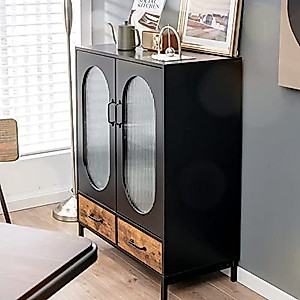 LOKO Buffet Cabinet with Storage, Kitchen Sideboard Cabinet with Tempered Glass Doors and Drawers, Industrial Style Cupboard Credenza Storage Cabinet, 31.5 x 16 x 39.5 inches