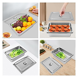 4" Deep Perforated Pan+6" Deep Steam Teable Pan+Lid, Food Pan for Commercial or Personal, 9.51-10.57Qt and 12.68Qt Stainless Steel Steam Pan Set, Full Size Hotel Pan, Steam Table Tray for Food Warmer