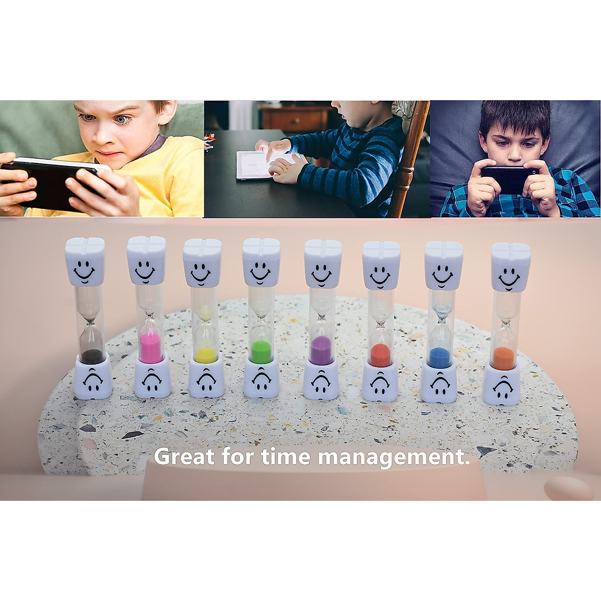 Yuronam 2 Minute Sand Timer Set, 8 Pack Colorful Smiley Hourglass Timers for Kids Proper Tooth Brushing