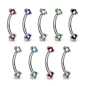 Pierced Owl 16GA Stainless Steel Internally Threaded Prong Set CZ Crystal Ends Cartilage Helix Rook Eyebrow Curved Barbell (Clear)