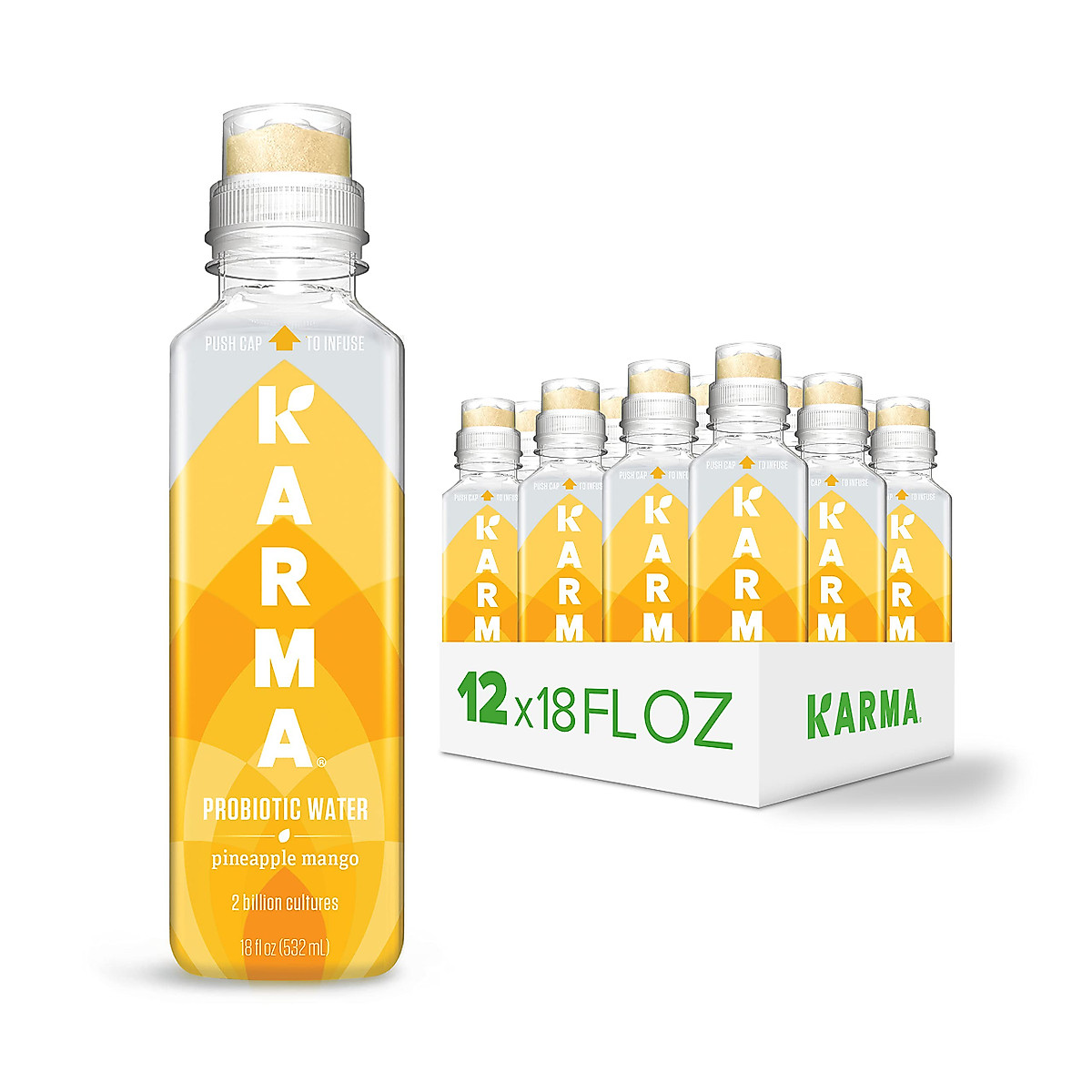 Karma Wellness Flavored Probiotic Water, Pineapple Mango, 18 Fl Oz (Pack of 12), Immunity and Digestive Health Support, Low Calorie, 2 Billion Active Cultures