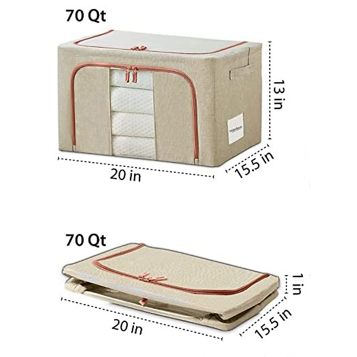 2 pack 66L foldable stackable storage box, steel frame clothes bag, bedroom container with 2 clear windows, 3 steel frames, 2 zippers, 2 reinforced handles ,thick linen fabric, waterproof,(2X66L, beige) for closet, comforters, blankets, bedding, quilt.
