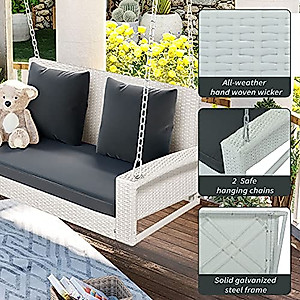 2-Person Porch Swing with Hanging Chains,Outdoor Rattan Wicker Porch Swing Bench with Cushion/Pillow for Front Garden, Backyard, Pond, Heavy Duty 500 LBS (White Wicker, Gray Cushion)