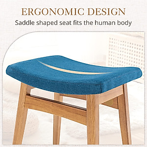 LUE BONA Foot Stool, Saddle Cushion Vanity Stool, Modern Concave Ottoman with Solid Wood Legs and Upholstered Seat for Entryway, Bedroom, Patio, Living Room, 17", Blue
