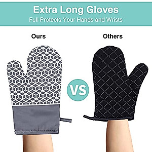 Oven Mitts and Pot Holders, Hmtruly Extra Long Oven Gloves, 500℉ Heat Resistant Oven Mitts with Non-Slip Silicone Pattern, Oven Hot Pads Pot Holders for BBQ Kitchen Baking Cooking (6-Piece Set, Grey)