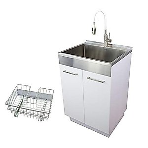 Transolid TCAB-2420-WS 24-in Laundry Cabinet Sink, Stainless Steel High Arc Faucet, and Basket, White