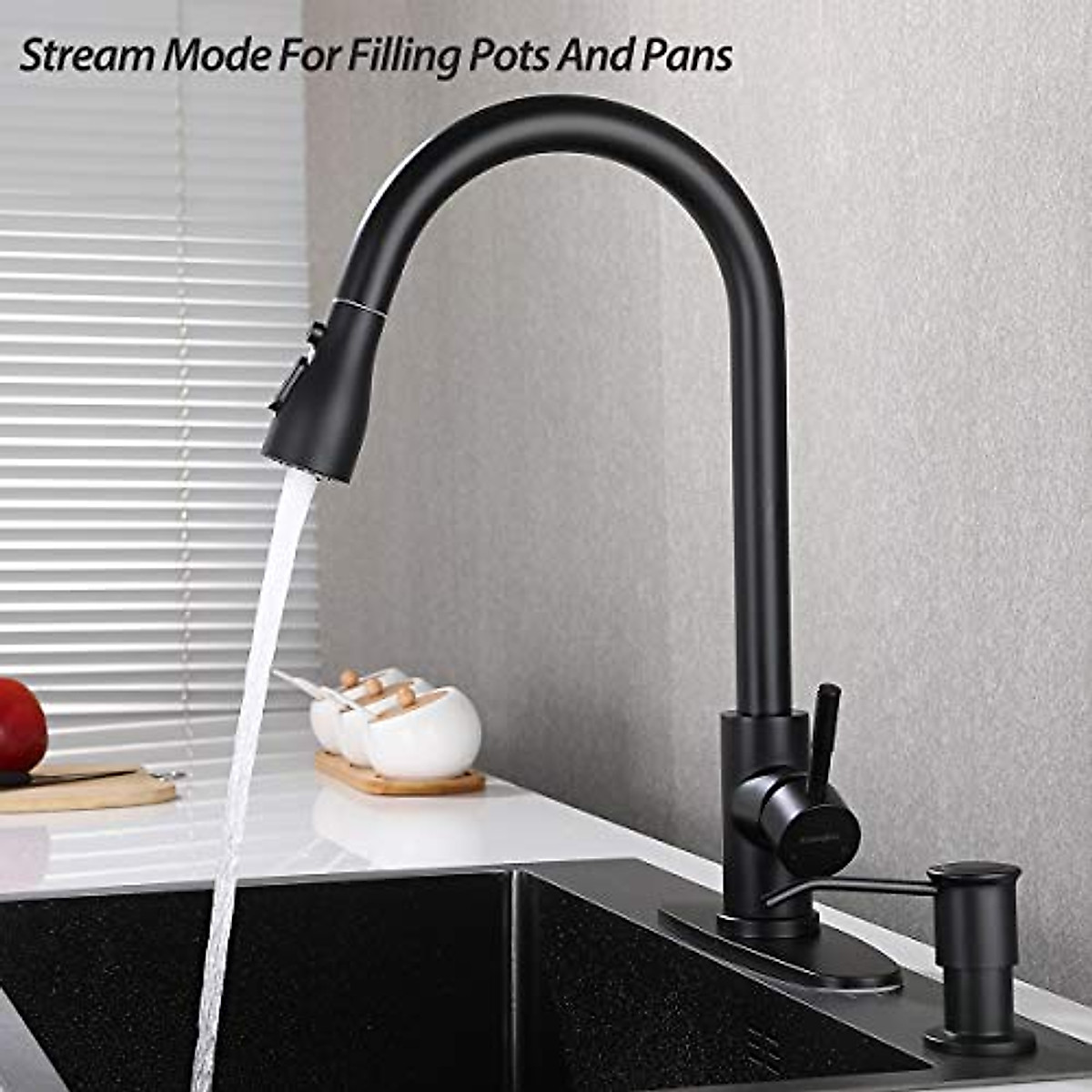 Keonjinn Black Kitchen Faucet with Pull Down Sprayer, Stainless Steel Kitchen Sink Faucet Single Handle Pull Down Kitchen Faucets, High Arc Single Hole Matte Black Kitchen Faucets with Deck Plate