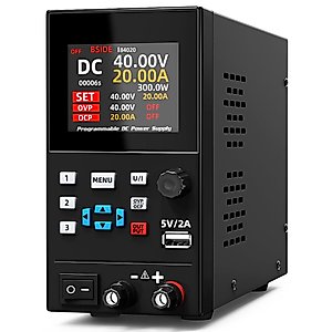 BSIDE 40V 20A DC Power Supply Variable, Programmable with Encoder Knob, Adjustable Switching Regulated Bench Power Supply, 4-Digits LED Display with Memory Storage, 5V/2A USB Ports and Output Button