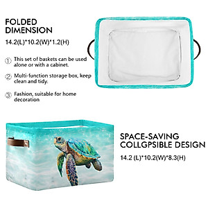 Sea Turtle Teal Large Storage Basket Cube Storage Bin Canvas Fabric Organizer Handles Collapsible Decorative for Clothes Toys Bedroom