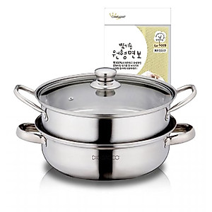 Jovely Dio Bacco 10.6"(27cm) Stainless Steel Steamer Pot Set for Cooking with 14"(35cm) Reusable Natural Pure Round Cotton Steamer Liner, 2 Quart Steamer Insert and Glass Vented Lid - 3 Piece Pack