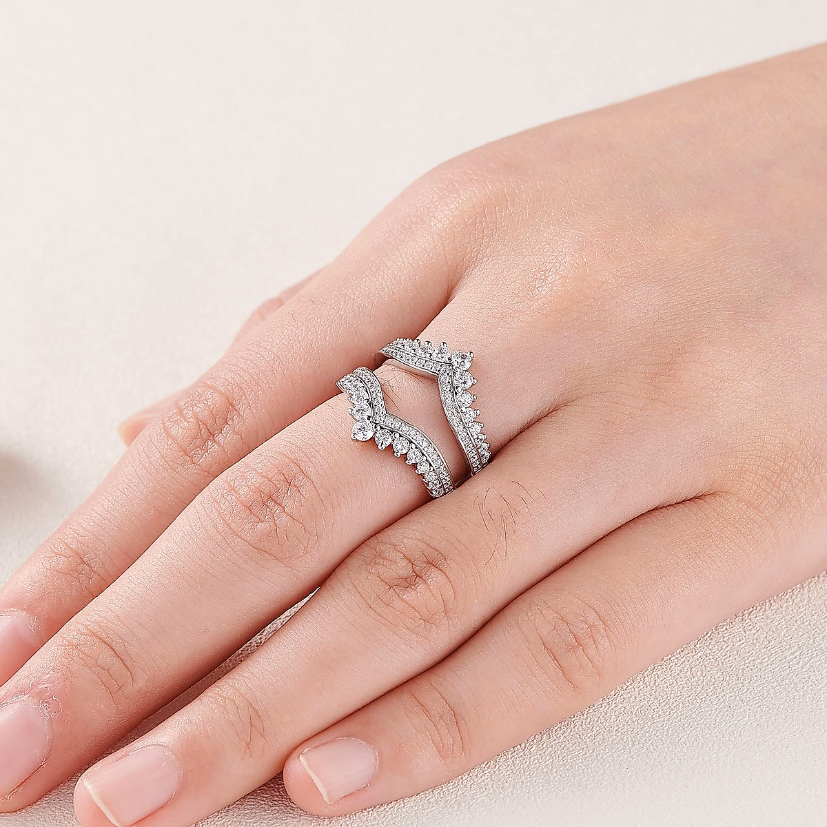 Newshe Cubic Zirconia Wedding Bands for Women Crown Double Ring Enhancer for Engagement Rings 925 Sterling Silver Size 5-10 (White Gold, 8)