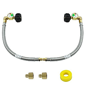 MCAMPAS 1/4" RV Propane Pigtail Regulator Hose with Gauge,12" Stainless Steel Braided Propane Hose with 1/4" Male NPT to 1/4" Inverted Male Flare for Standard Two-Stage Regulator, Camper -2 Pack