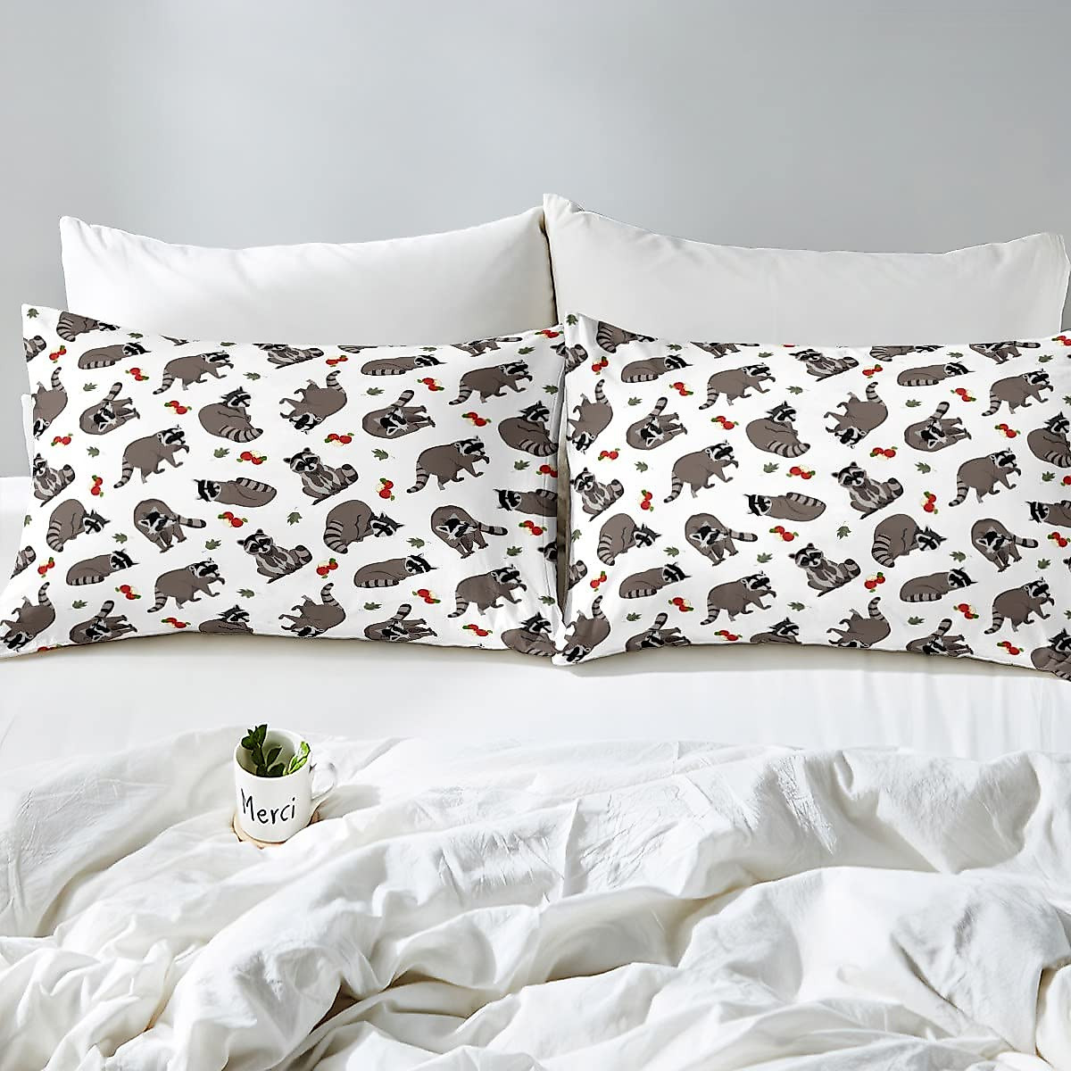 Feelyou Cute Raccoons Bedding Fitted Sheet Cartoon Raccoon Bed Sheet Set for Kids Boys Girls Lovely Fruits Leaves Decor Bedding Sheets Grey Animal Bed Cover with 2 Pillowcases 3Pcs Bedding Queen
