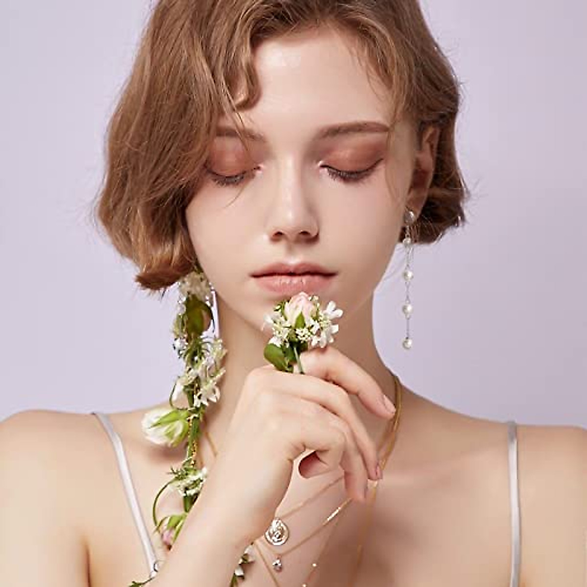 Long Pearl Earrings for Women 14K Silvery Plated Threader Earrings Pearl Ball Drop Elegant Gold Pearl Tassel Earring for Teen Girls