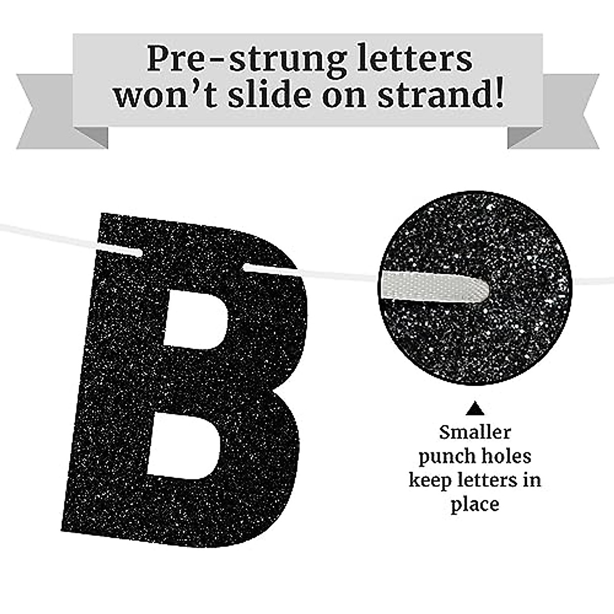 Pre-Strung Happy Birthday Banner - NO DIY - Black Glitter Birthday Party Banner - Pre-Strung Garland on 8 ft Strands - Black Birthday Party Decorations & Decor for Men & Women. Did we mention no DIY