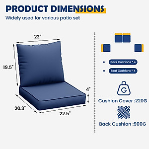 UDPATIO Outdoor Cushions for Patio Furniture, 4'' Replacement Cushions for Outdoor Furniture, Set of 4 Water-Resistant Outdoor Sectional Cushions for Sofa Couch Chair (Navy)