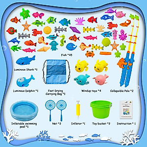 Kiditos 60PCS Magnetic Fishing Bath Toys Game Set,Swimming Fish Toys for Bathtub,Water Table Bathtub Toys for Toddlers Kids Age 3-6, Pool Toys for Pretend Play&Education Teaching&Learning Colors