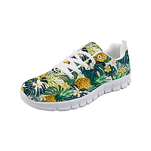 Forchrinse Tropical Pineapple Plumeria Floral Print Women Running Shoes Athletic Walking Sneaker Comfort Sports Tennis Shoes