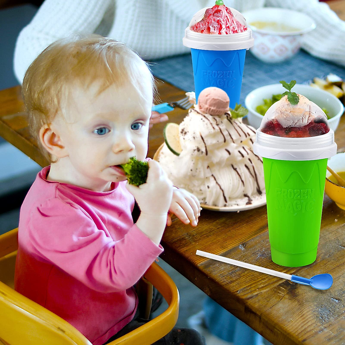 QwayHome 2PC Slushie Maker Cup,DIY Frozen Magic Slushy Cup,Double Layers Silica Smoothie Pinch Ice Cup,Quick Cooling Cup Homemade Milk Shake Ice Cream Maker (Blue+Green)