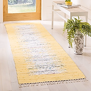 SAFAVIEH Montauk Collection Runner Rug - 2'3" x 8', Ivory & Yellow, Handmade Stripe Fringe Cotton, Ideal for High Traffic Areas in Living Room, Bedroom (MTK711Q)