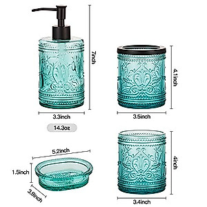 Teal Blue Glass Bathroom Accessories Set with Decorative Pressed Pattern - Includes 2 Hand Soap Dispenser & Tumbler & Soap Dish & Toothbrush Holder (Teal Blue)