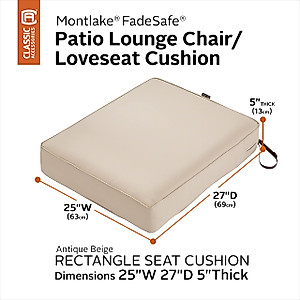 Classic Accessories Montlake Water-Resistant 25 x 27 x 5 Inch Rectangle Outdoor Seat Cushion, Patio Furniture Chair Cushion, Antique Beige, Outdoor Cushion Cover