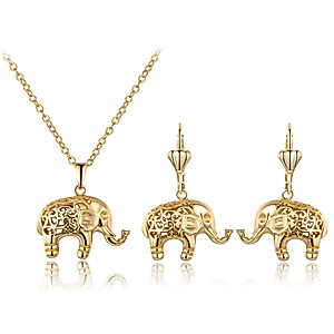 Barzel 18K Gold Plated Filigree Cutout Drop Elephant Earrings and Necklace Jewelry Set (Yellow Gold)