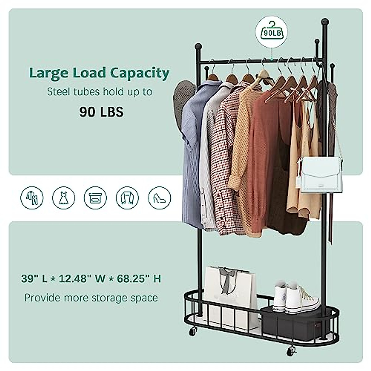 jxgzyy Clothing Rack Metal Garment Rack with Basket Rolling Clothes Rack with Hanging Rod Wardrobe Rack on Wheels Multi-functional Closet Rack for Bedroom Cloakroom Laundry