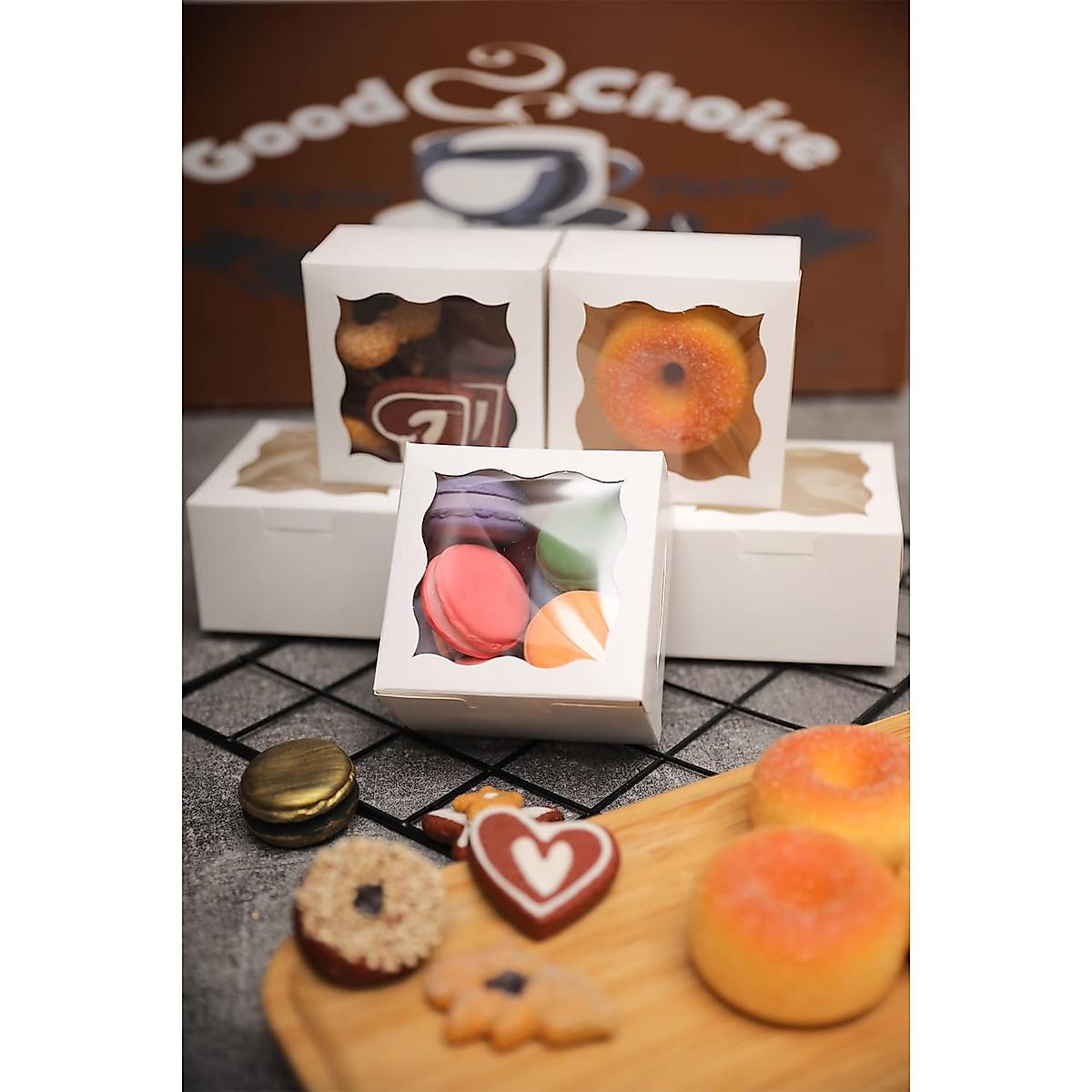 White Bakery Boxes with Window 4x4x2.5 inches Small Size Pastry Boxes Mini Cookie Boxes for Bakerys Thick & Sturdy （100 Packs）
