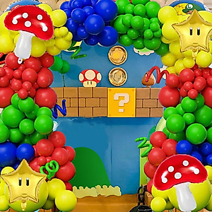 DUILE 156pcs Red Blue Green Yellow Balloon Garland Kit Mushroom Star Balloons for Cartoon Video Game Theme Super Bros Birthday Game Birthday Party Supplies